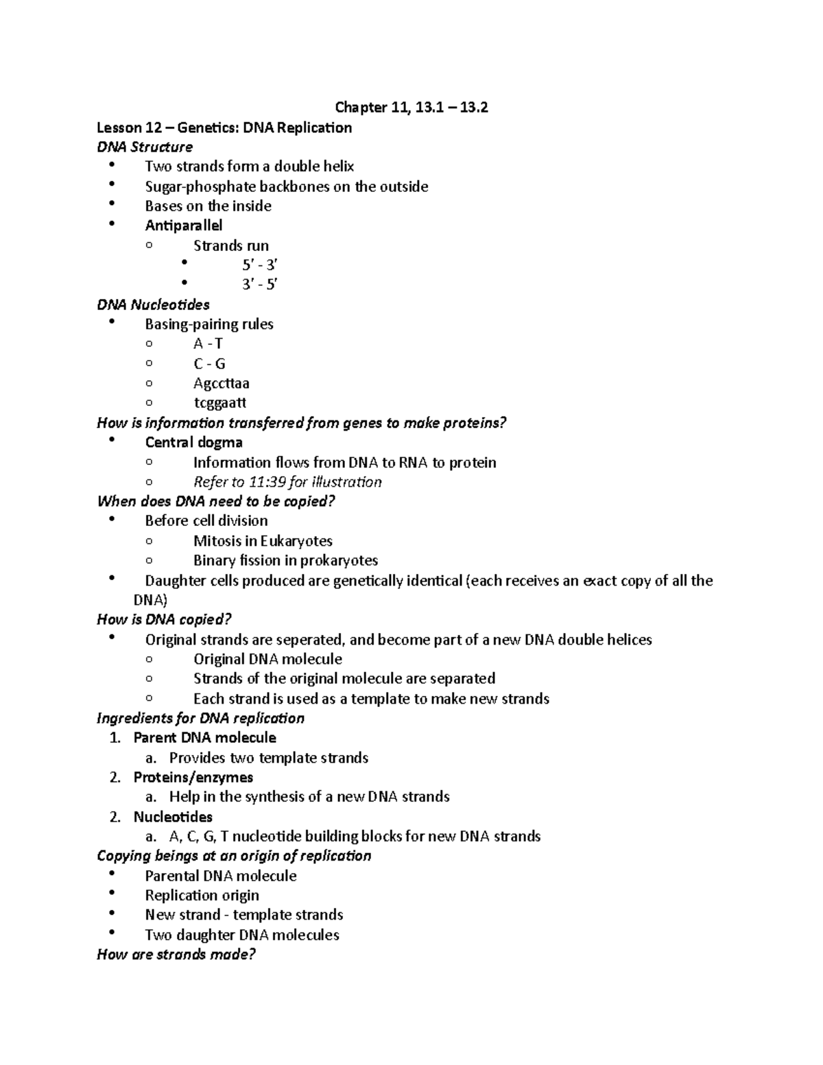 Bio 101 Notes 11 - 20 - Chapter 11, 13 – 13. Lesson 12 – Genetics: DNA ...