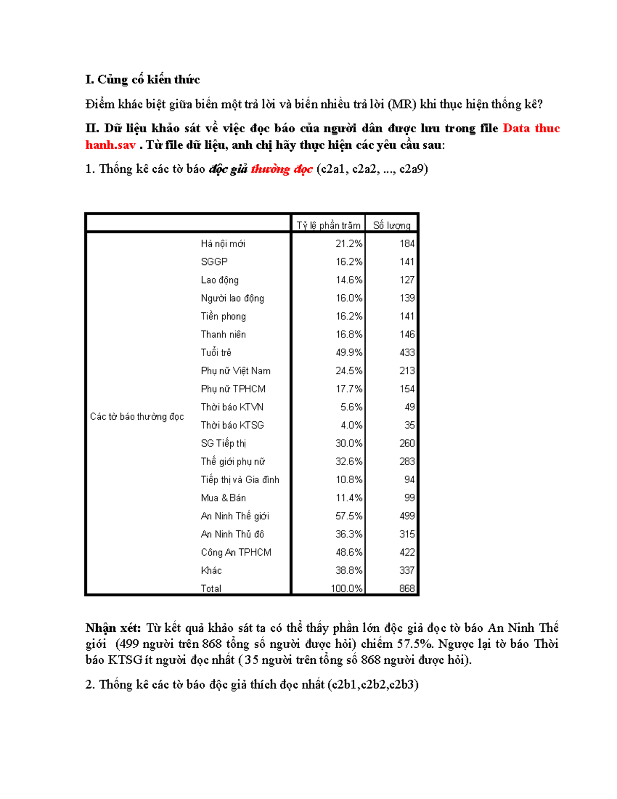 Thuc hanh Buoi 4 - posible - I. Củng cố kiến thức Điểm khác biệt giữa biến một trả lời và biến ...