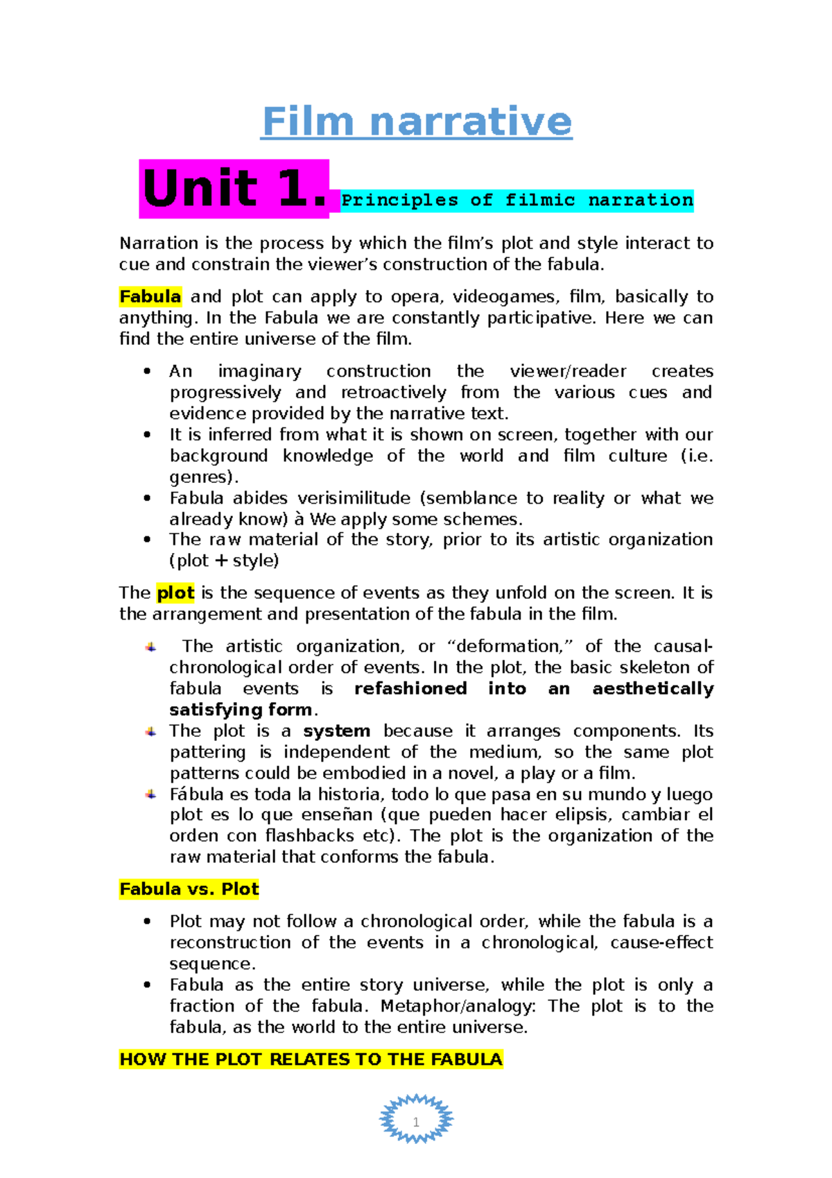 Film Narrative apuntes - Film narrative Unit 1. Principles of filmic ...