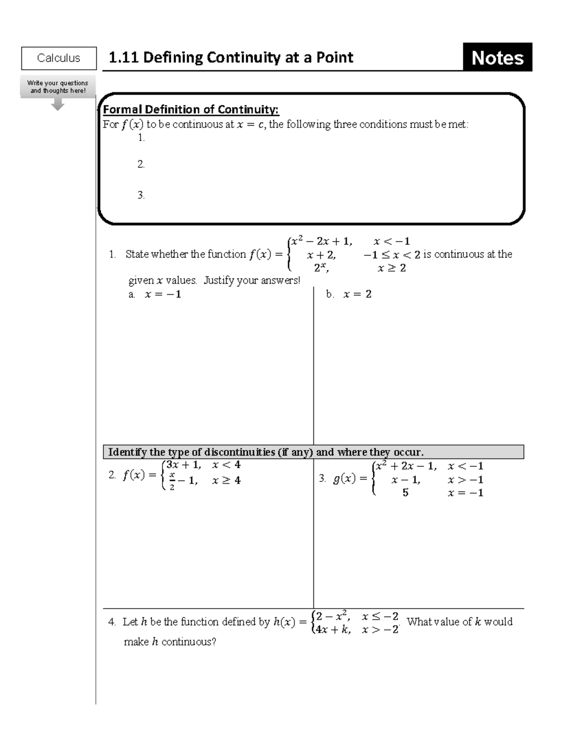 Calc 1 - Unit 1.11 of Chemistry - Formal Definition of Continuity: For ...