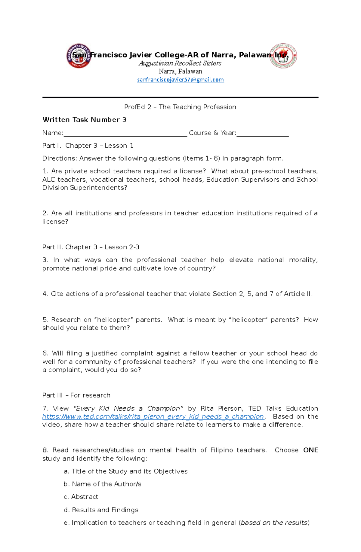 Written Task 3 - Reference for lecture - San Francisco Javier College ...