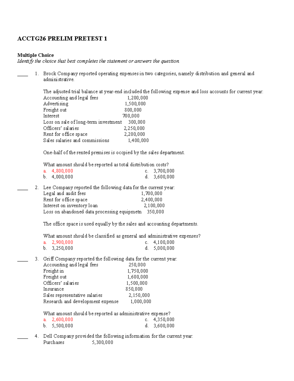 Prelim-L1-Pretest - pretest - ACCTG26 PRELIM PRETEST 1 Multiple Choice ...