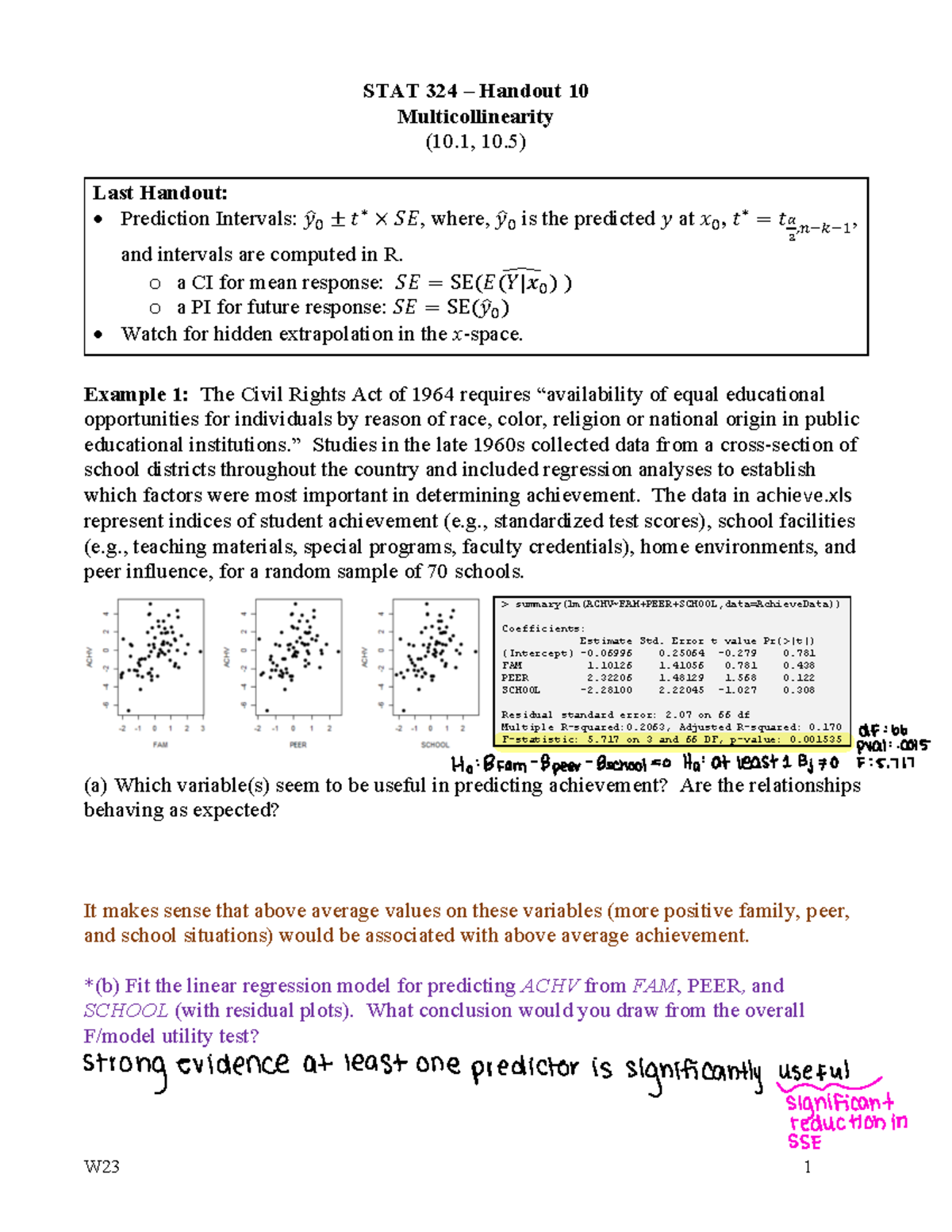 Handout 10 - STAT 324 – Handout 10 Multicollinearity (10, 10) Last ...
