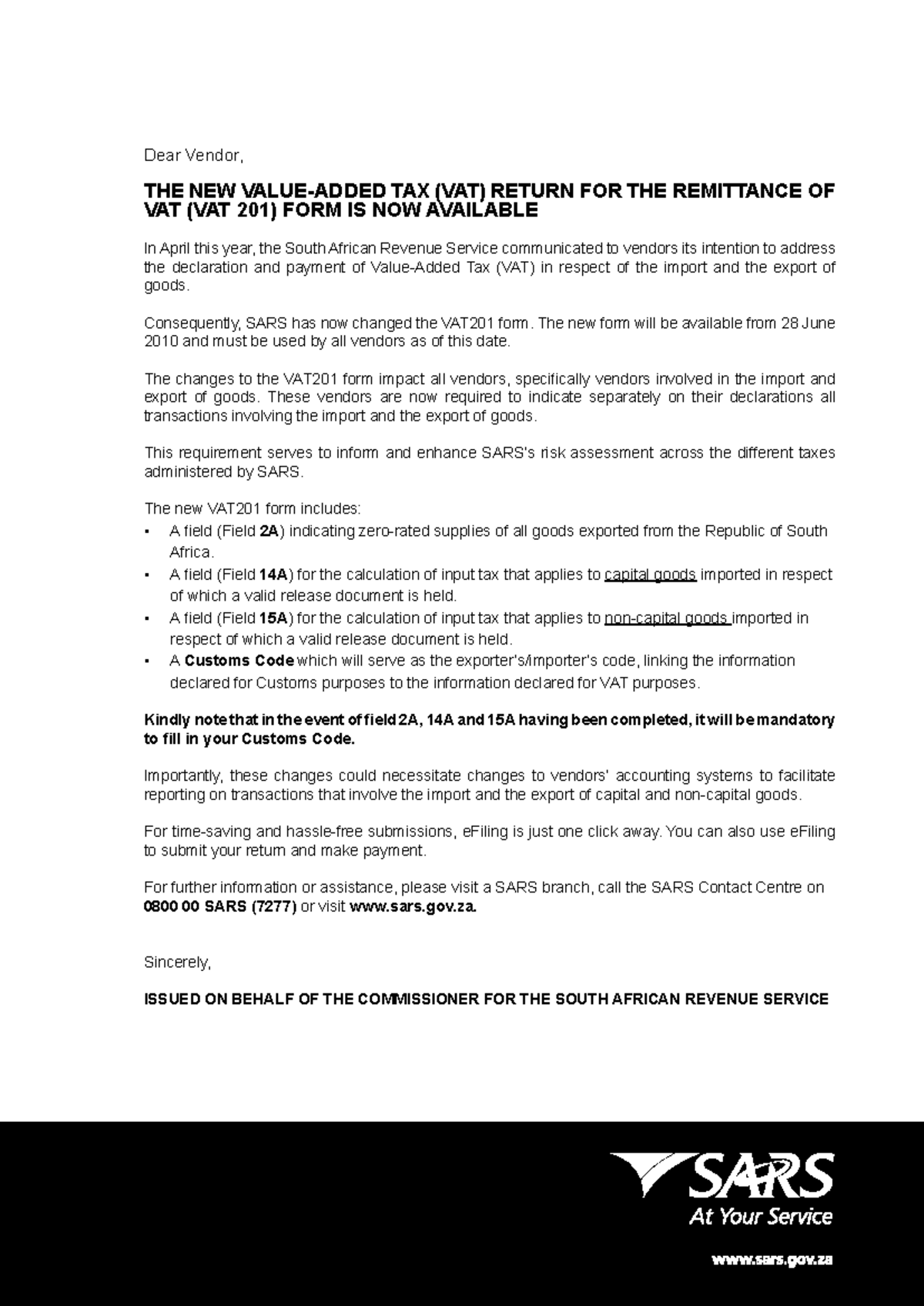 VAT201 lettervat - Dear Vendor, THE NEW VALUE-ADDED TAX (VAT) RETURN ...