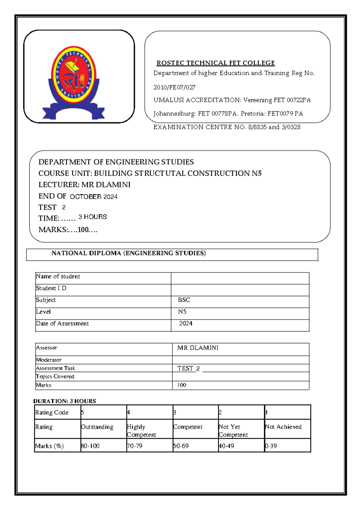 BSC N5 T2-1 - Past exam papers - ####### ROSTEC TECHNICAL FET COLLEGE ...