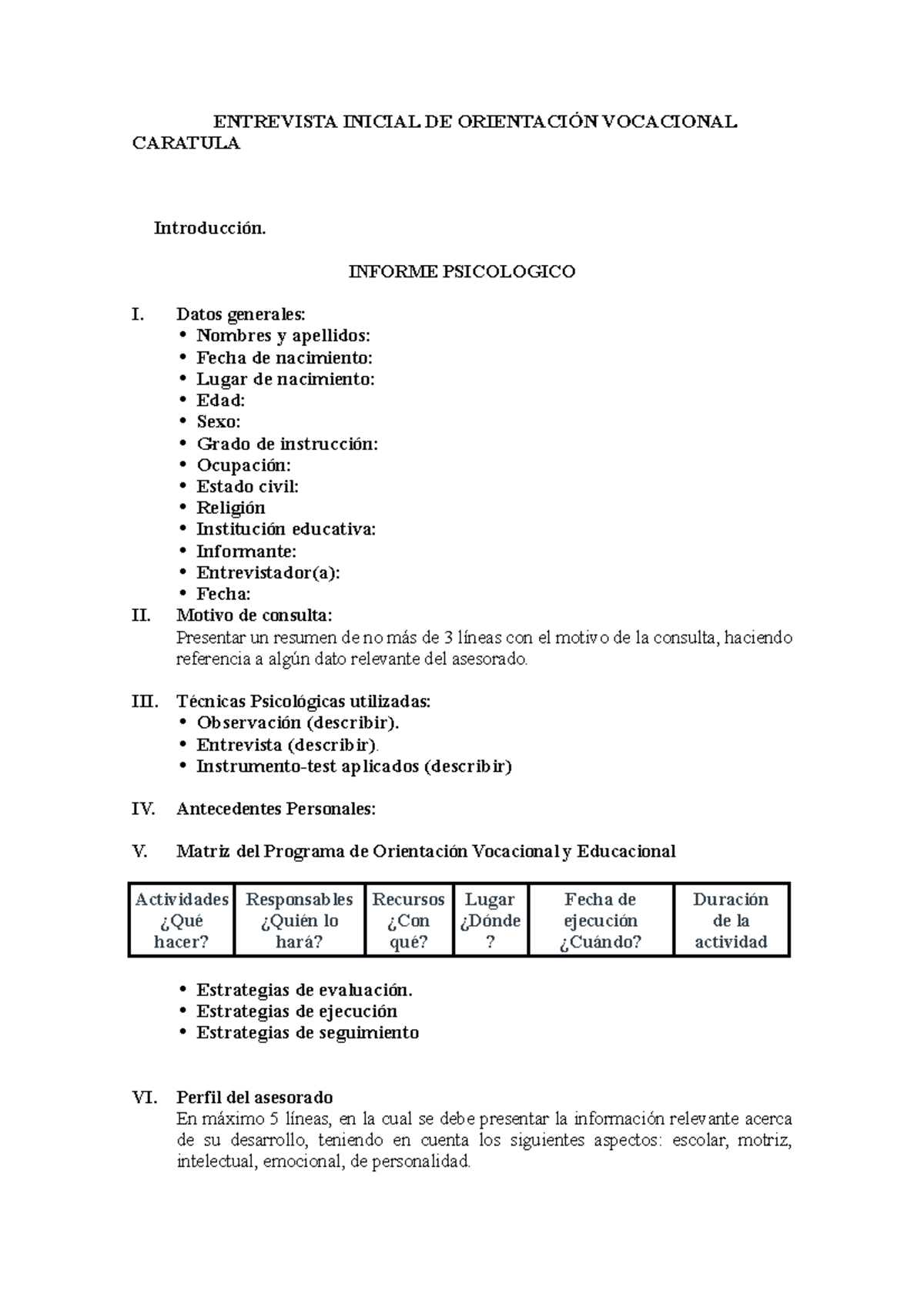 Modelo - ENTREVISTA INICIAL DE ORIENTACIÓN VOCACIONAL CARATULA ...