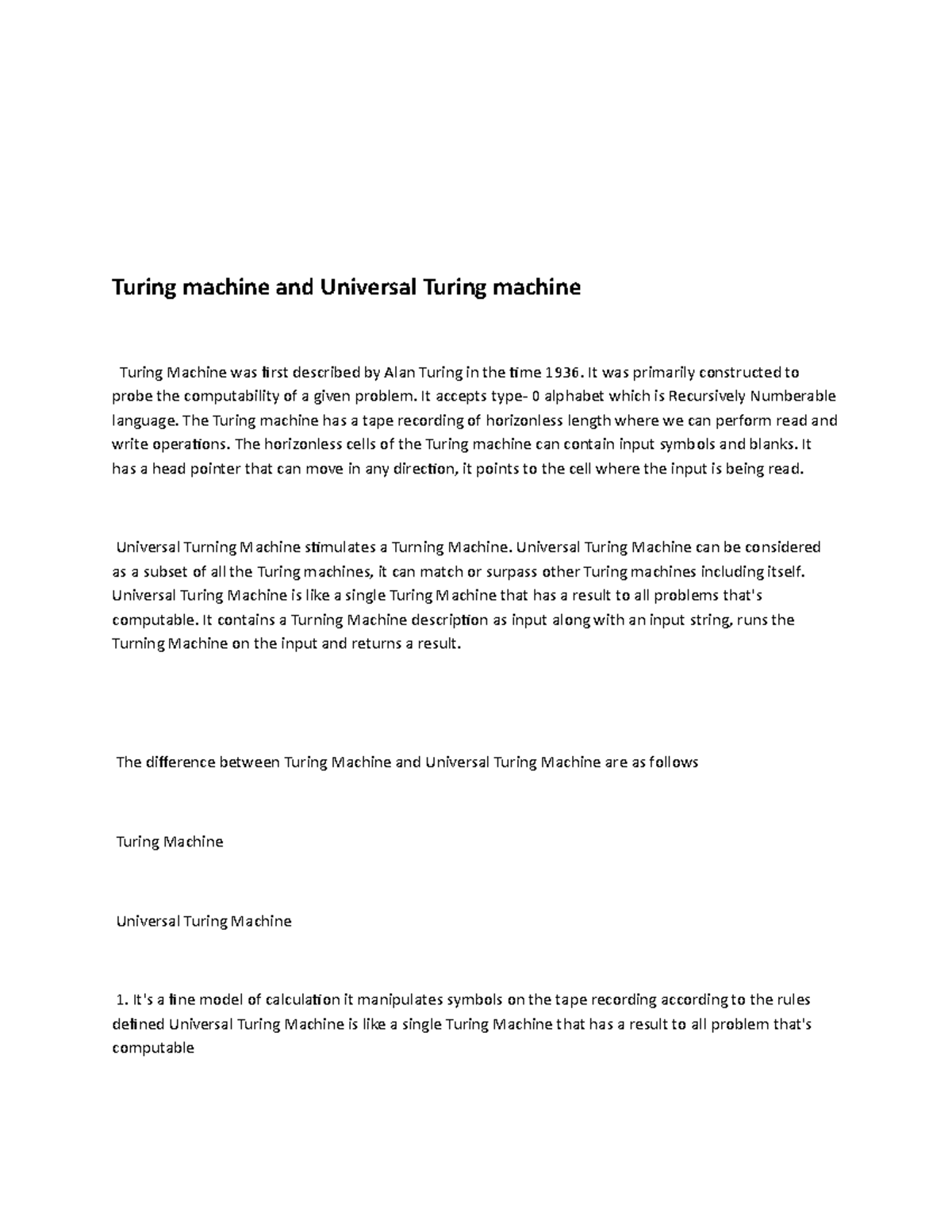 Turing machine and Universal Turing machine - It was primarily ...