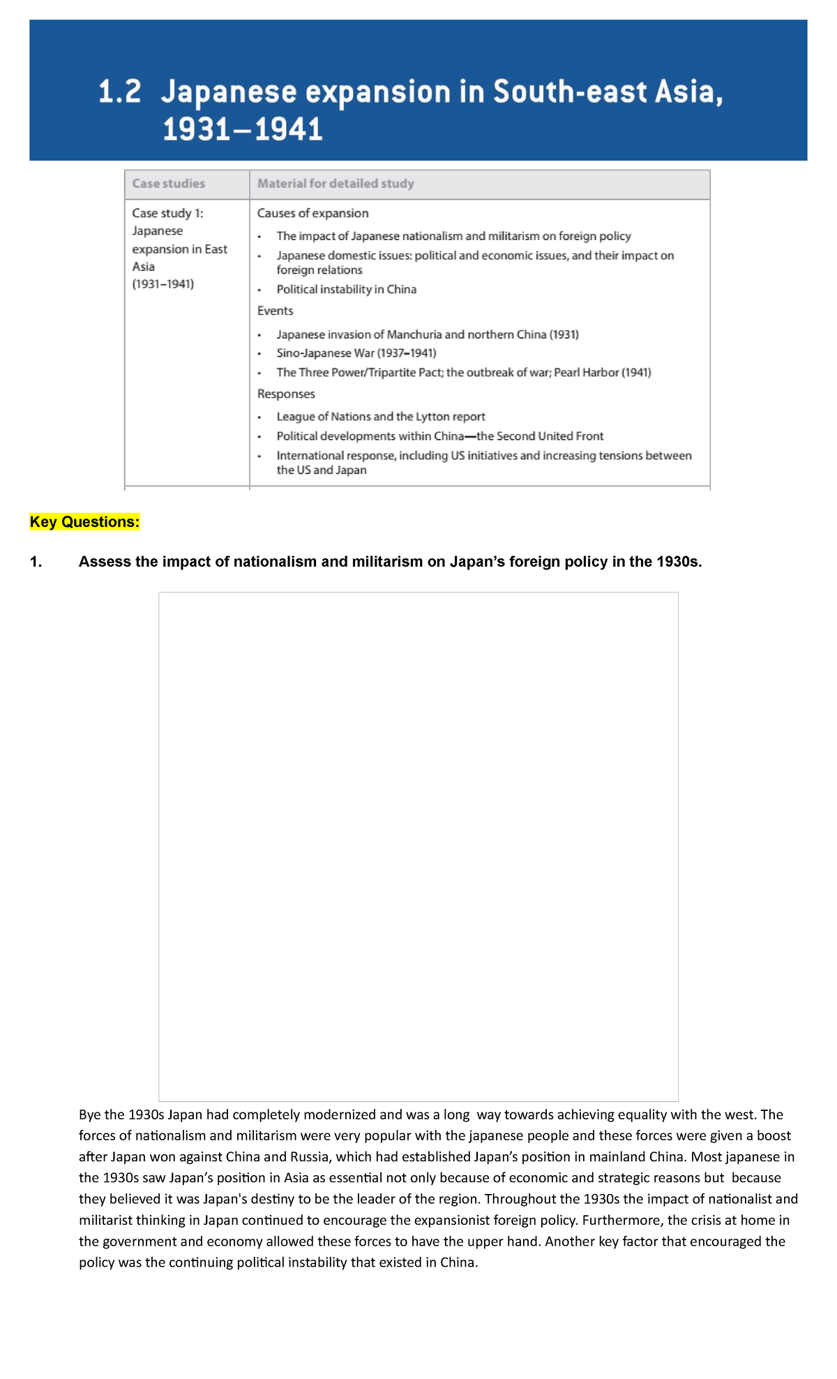 1.2 - Japanese Expansionism and Class Notes - Key Questions: Assess the ...