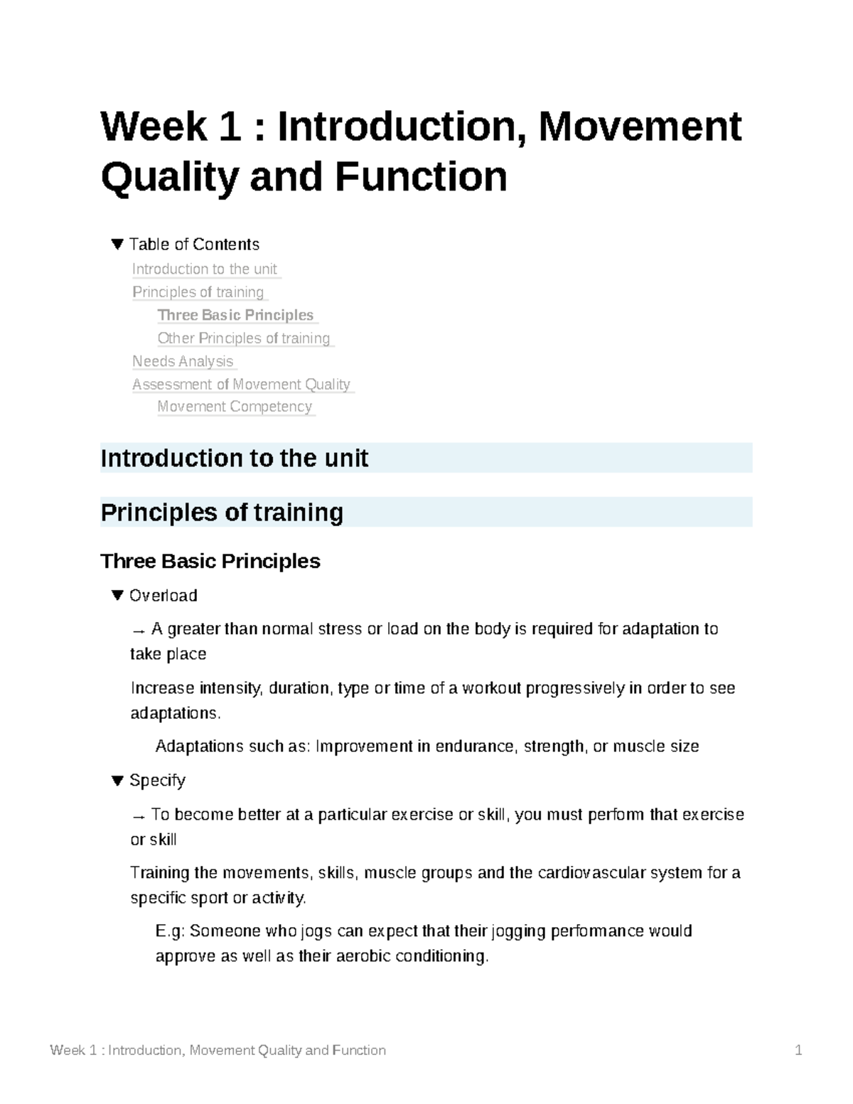 Week 1 Introduction Movement Quality and Function - Adaptations such as: Improvement in ...