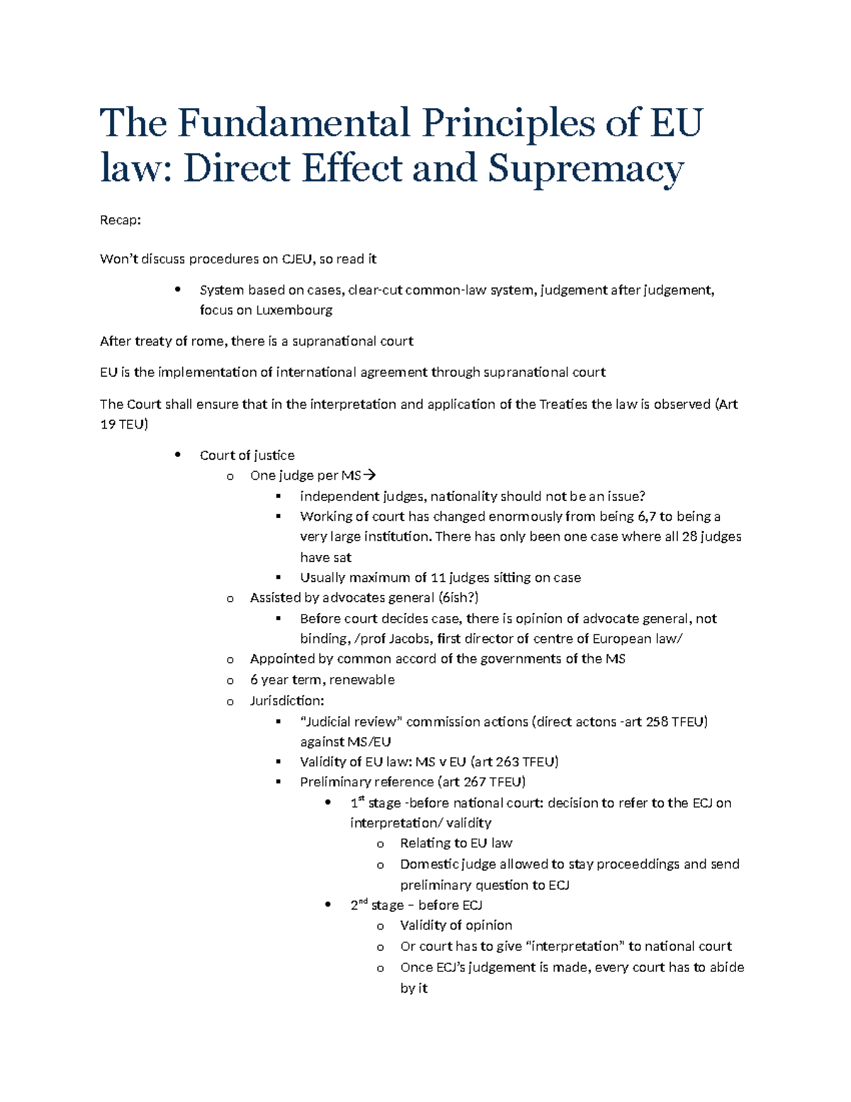 Eu Law Cjeu Lecture Notes From Cjeu The Fundamental Principles Of Eu Law Direct Effect And