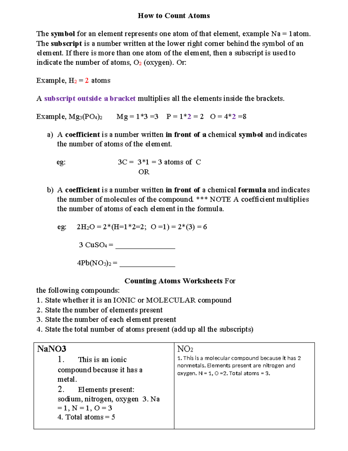 Counting Atoms Worksheet - How to Count Atoms The symbol for an element ...