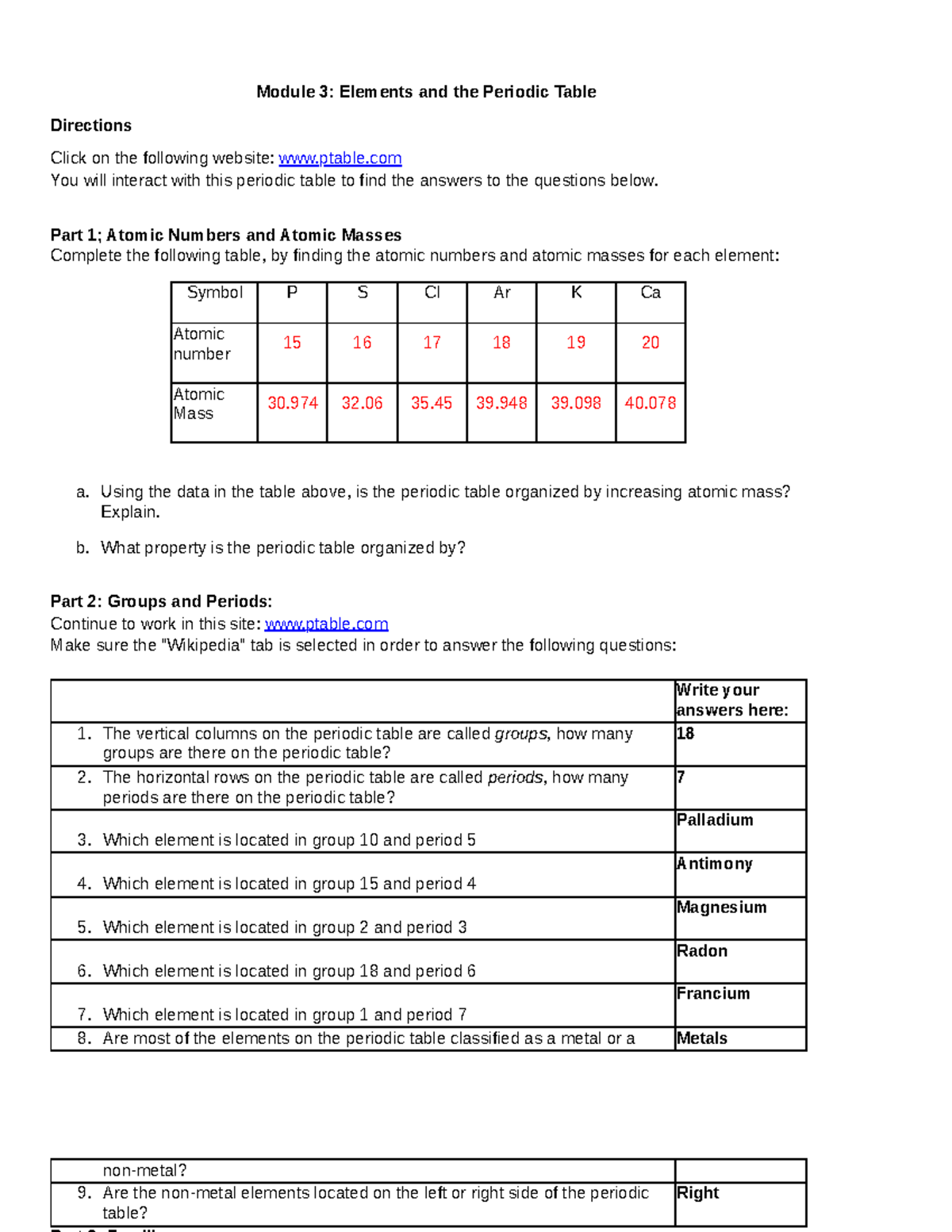 Module 3 Elements And The Periodic Table Part 1 Atomic Numbers And Atomic Masses Complete The