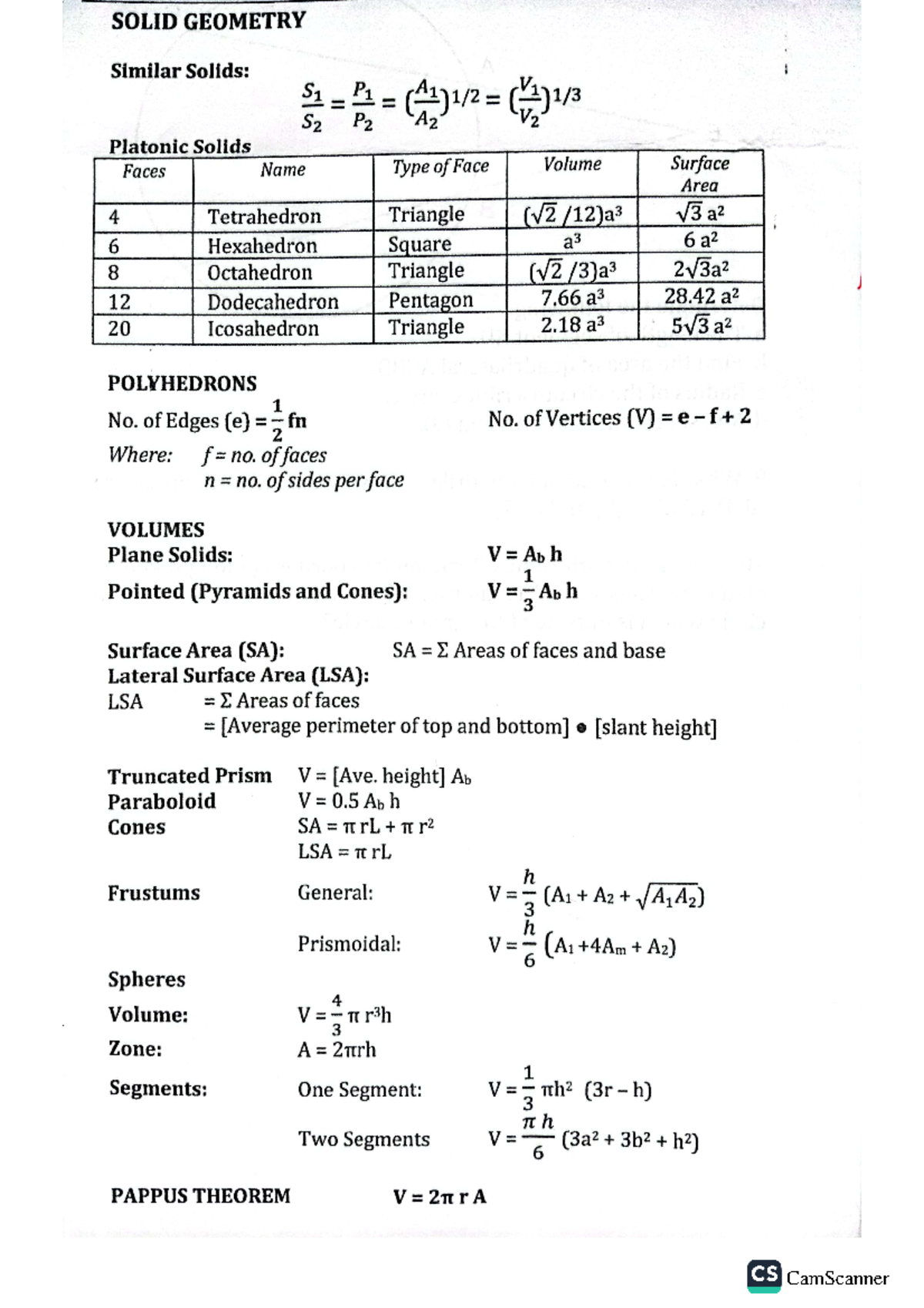 Solid Geometry - Copy - reviewer and notes - BS-Mathematics - Studocu