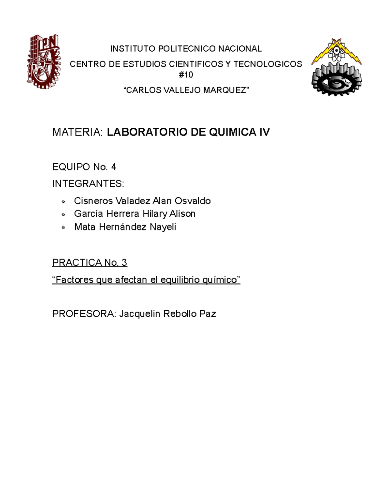 Practica 3 quimik - Quimica - IPN - Studocu