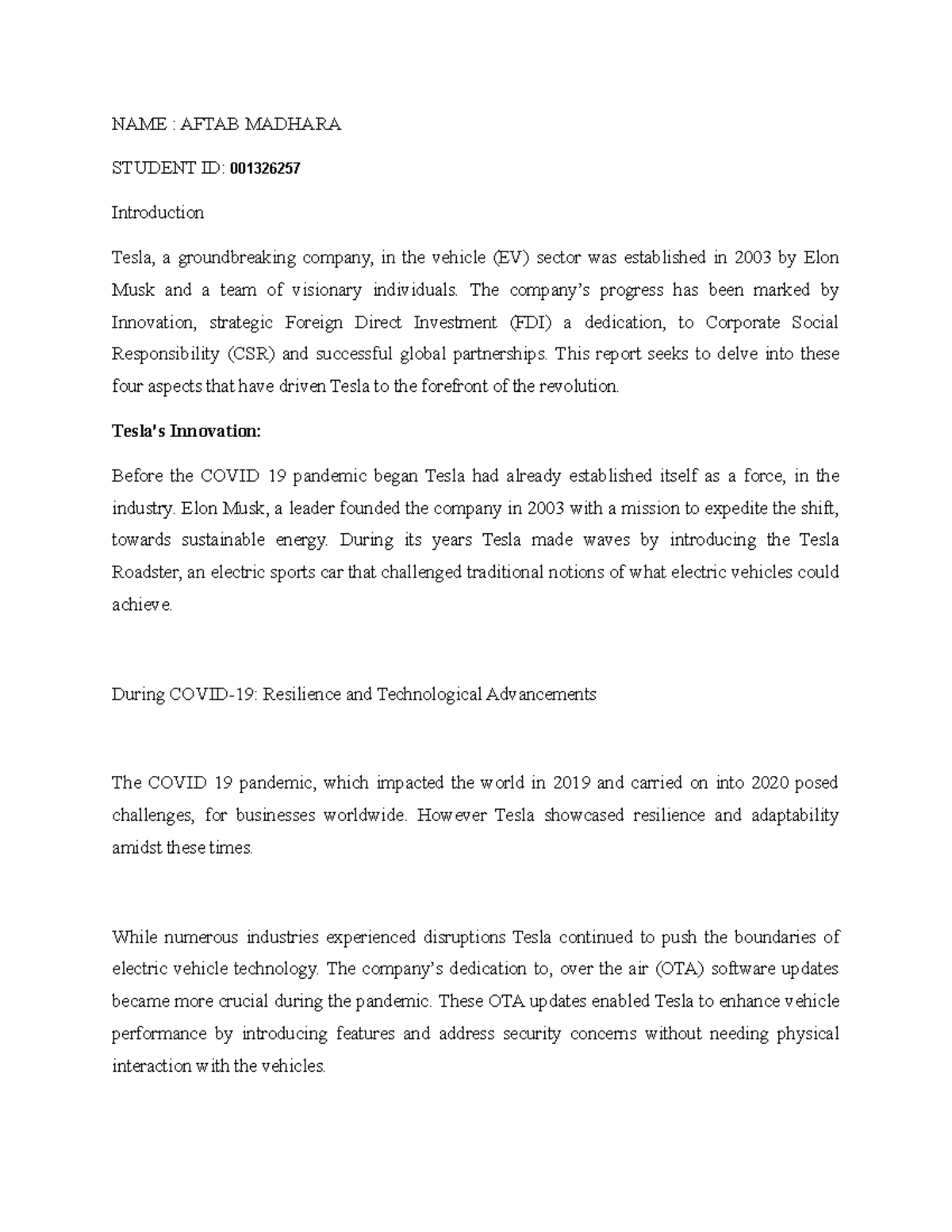 Tesla reflection - wefwf - NAME : AFTAB MADHARA STUDENT ID: 001326257 ...