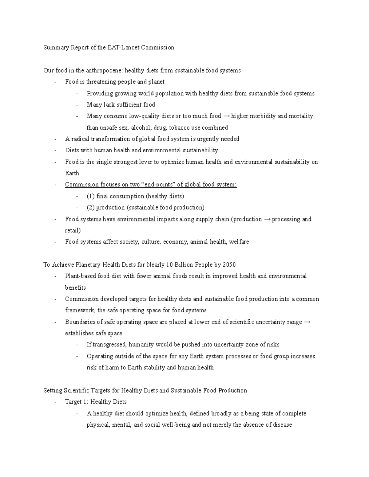 Reading Week 3 - Summary Report of the EAT-Lancet Commission Our food ...