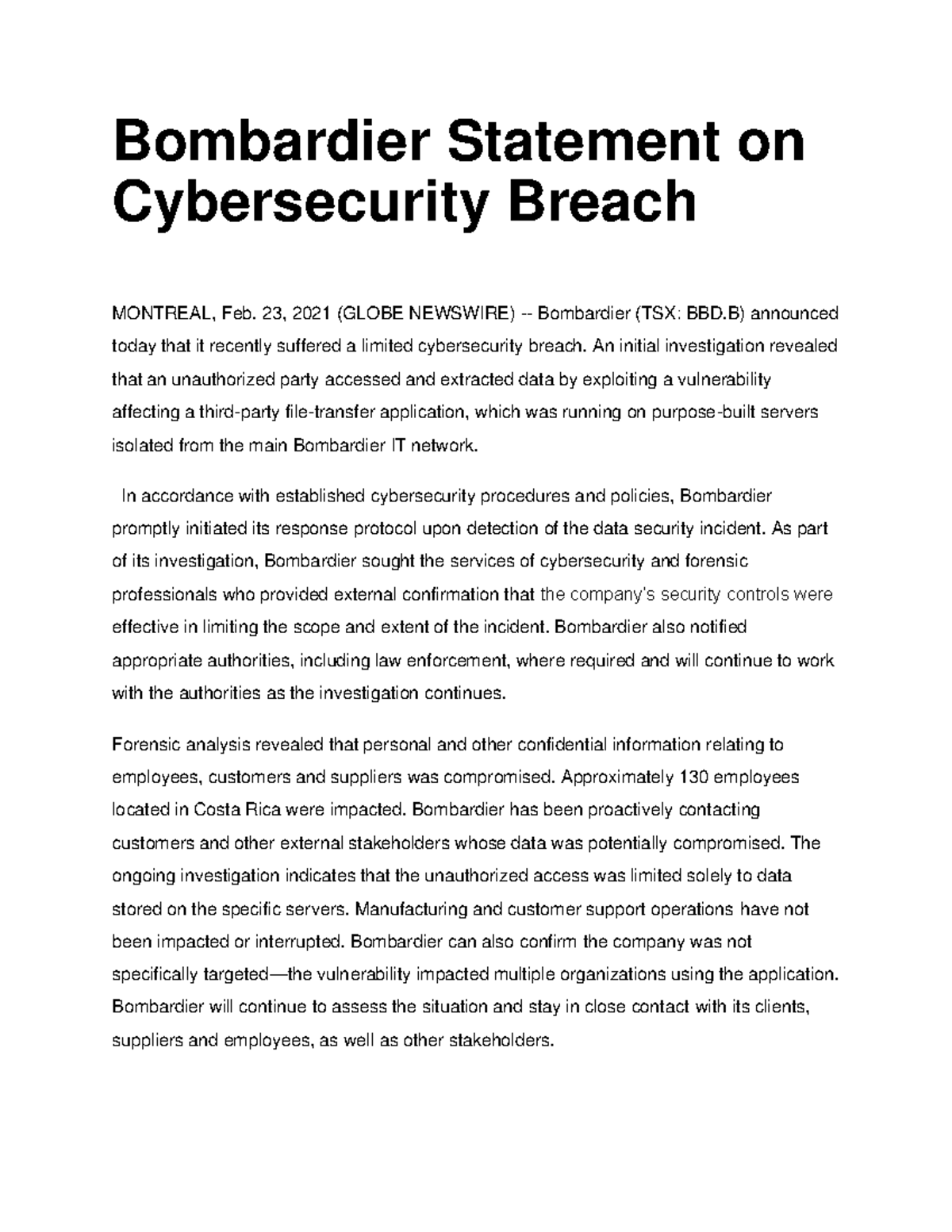 Bombardier Statement on Cybersecurity Breach - Bombardier Statement on ...