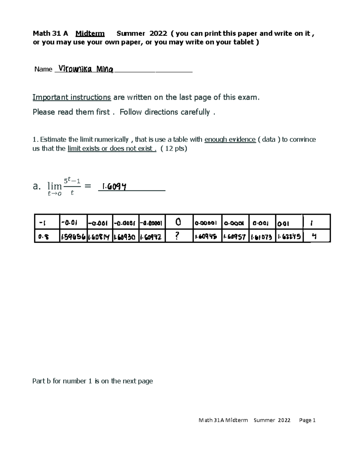 Math 31A midterm Summer 2022 - Math 31 A Midterm Summer 2022 ( you can ...
