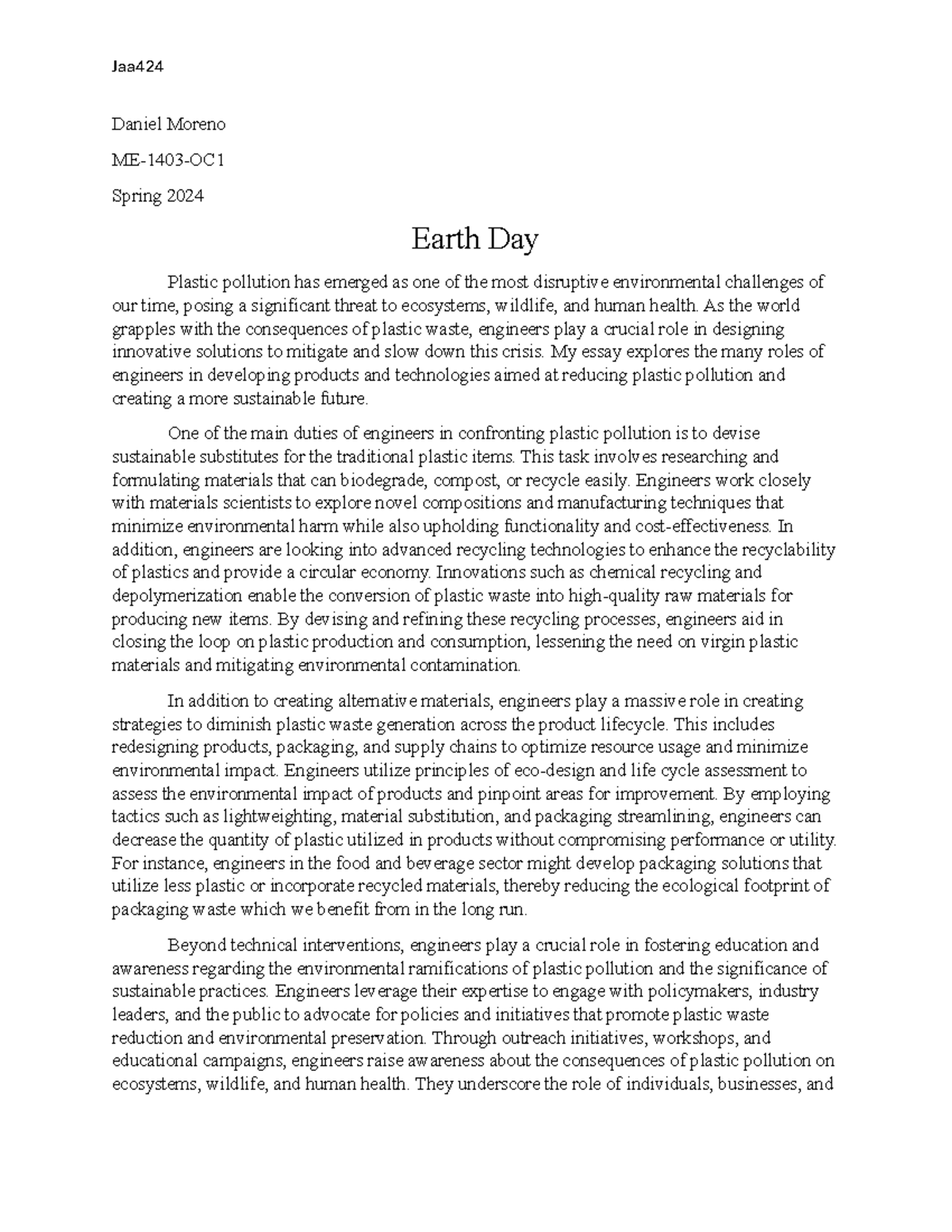 Earth Day Essay - Jaa Daniel Moreno ME- 1403 - OC Spring 2 024 Earth ...