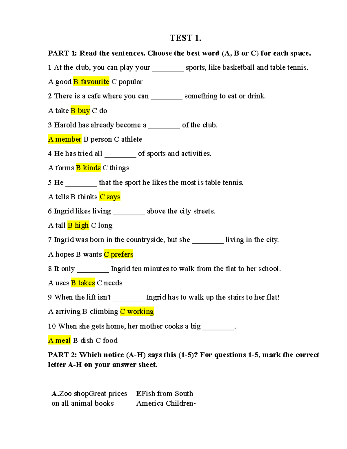 TADV - ôn thi - TEST 1. PART 1: Read the sentences. Choose the best ...