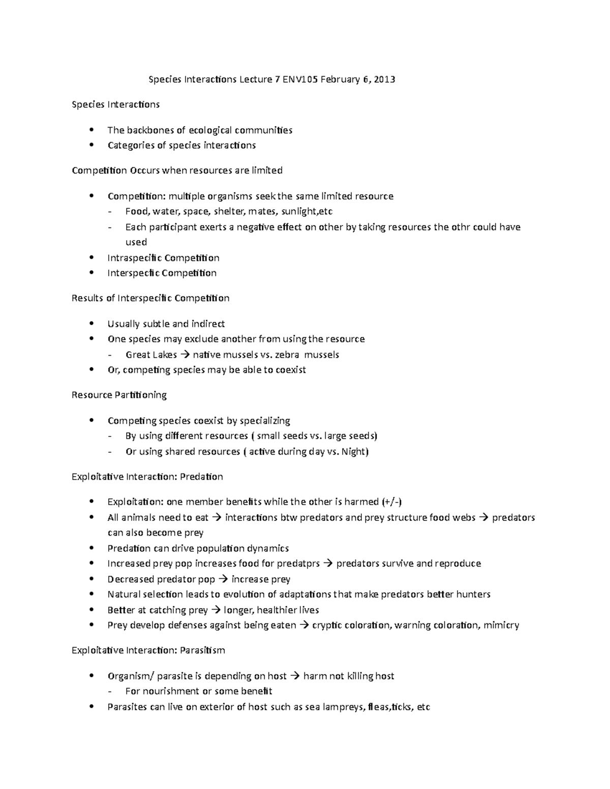 ENV105 Lecture 7 Species Interactions - Species Interactions Lecture 7 ...