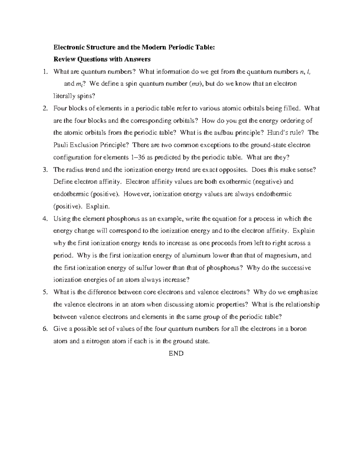 Electronic Structure and the Modern Periodic Table ans - Electronic ...