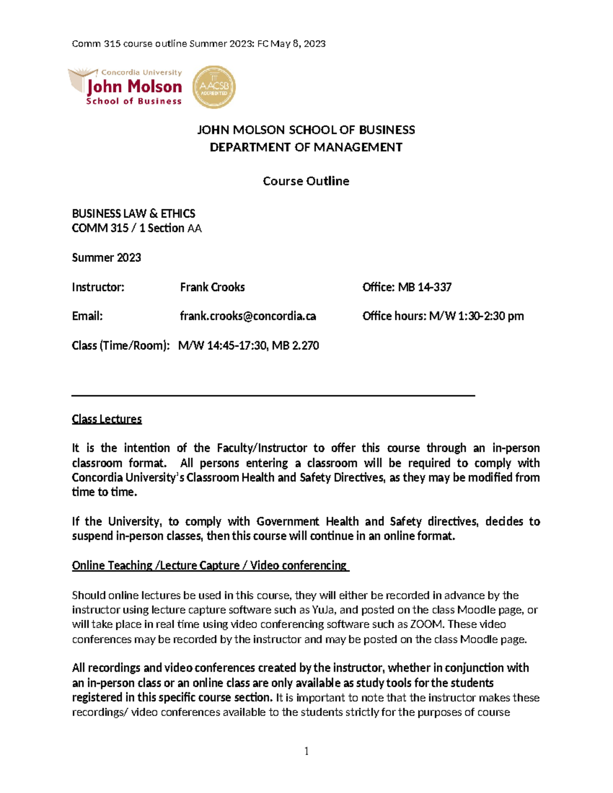 COMM 315 Summer 2023 Sec AA Outline FC - JOHN MOLSON SCHOOL OF BUSINESS ...