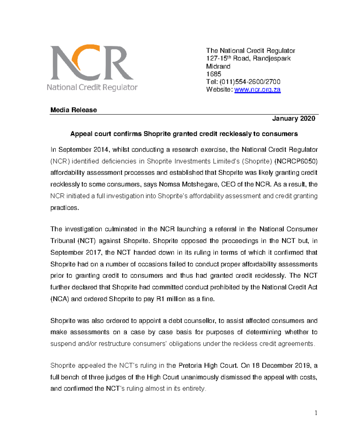 Shoprite 2020 - 1 Media Release January 2020 Appeal court confirms ...