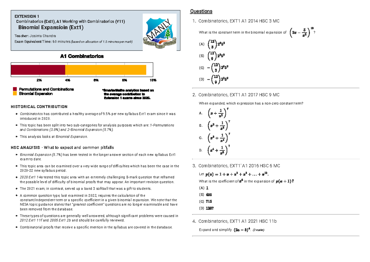 Binomial Expansion - EXTENSION 1 Combinatorics (Ext1), A1 Working with ...