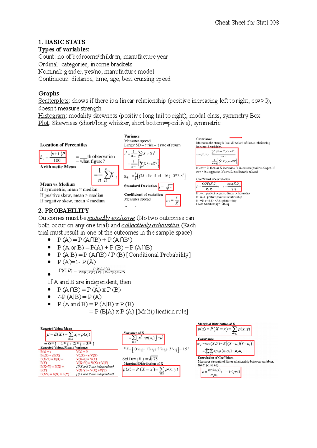 STAT1008 Cheat Sheet - 1. BASIC STATS Types of variables: Count: no of ...