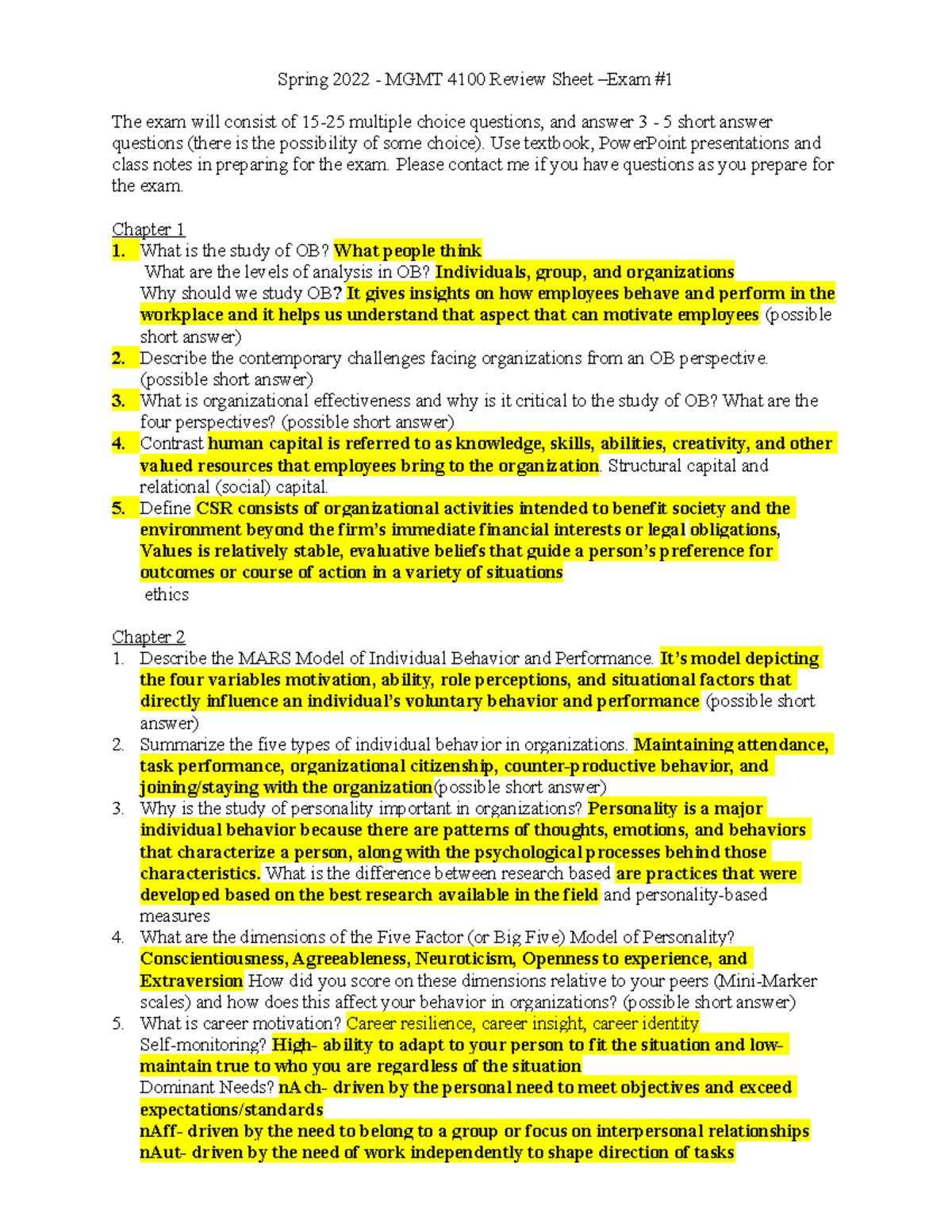 MGMT 4100 Review Sheet - Exam #1 - Spring 2022 - MGMT 4100 Review Sheet ...