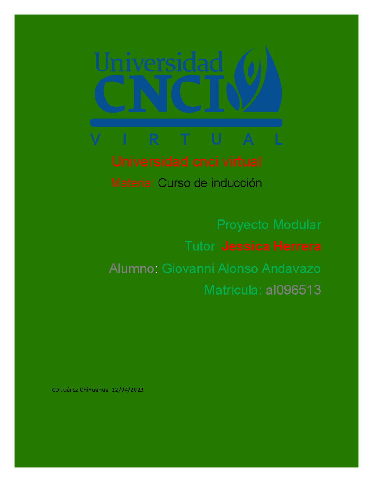 Proyecto Modular(Curso de indiccion) - Universidad cnci virtual Materia: Curso de inducción ...