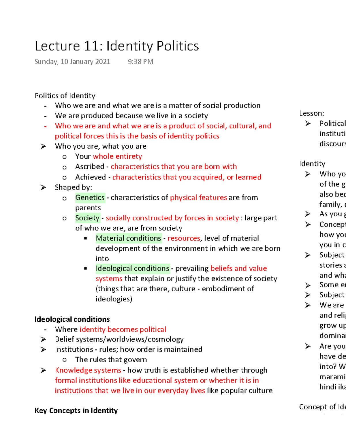 Lecture 11 Identity Politics - Politics of Identity Who we are and what ...
