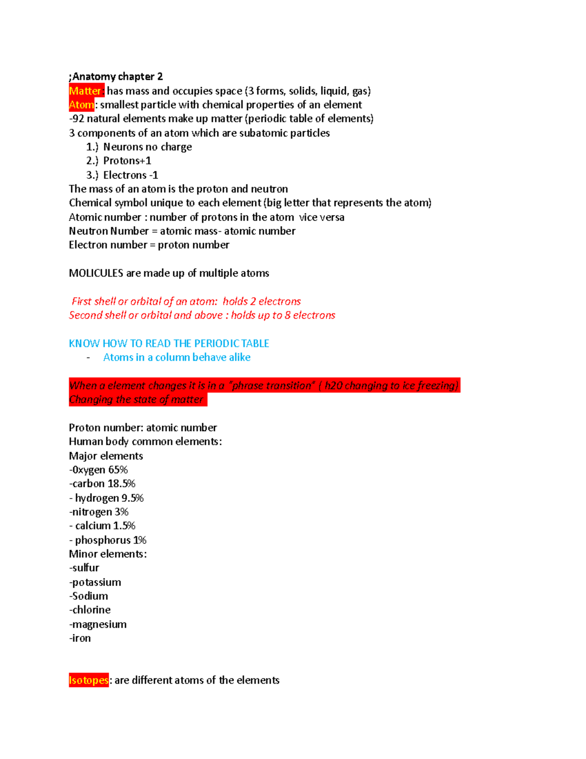 Anatomy chapter 2 - BIology - ;Anatomy chapter 2 Matter: has mass and ...