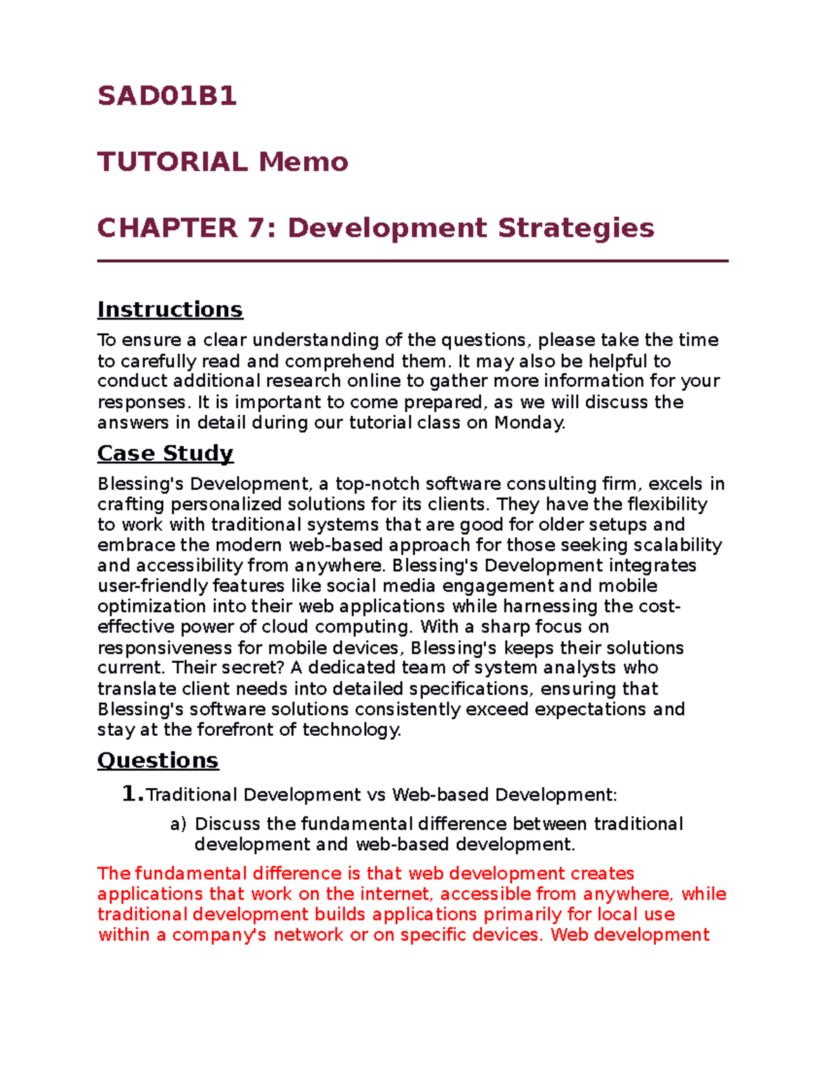 Sad01b1 Tutorial 6 Memo Sad01b Tutorial Memo Chapter 7 Development Strategies Instructions