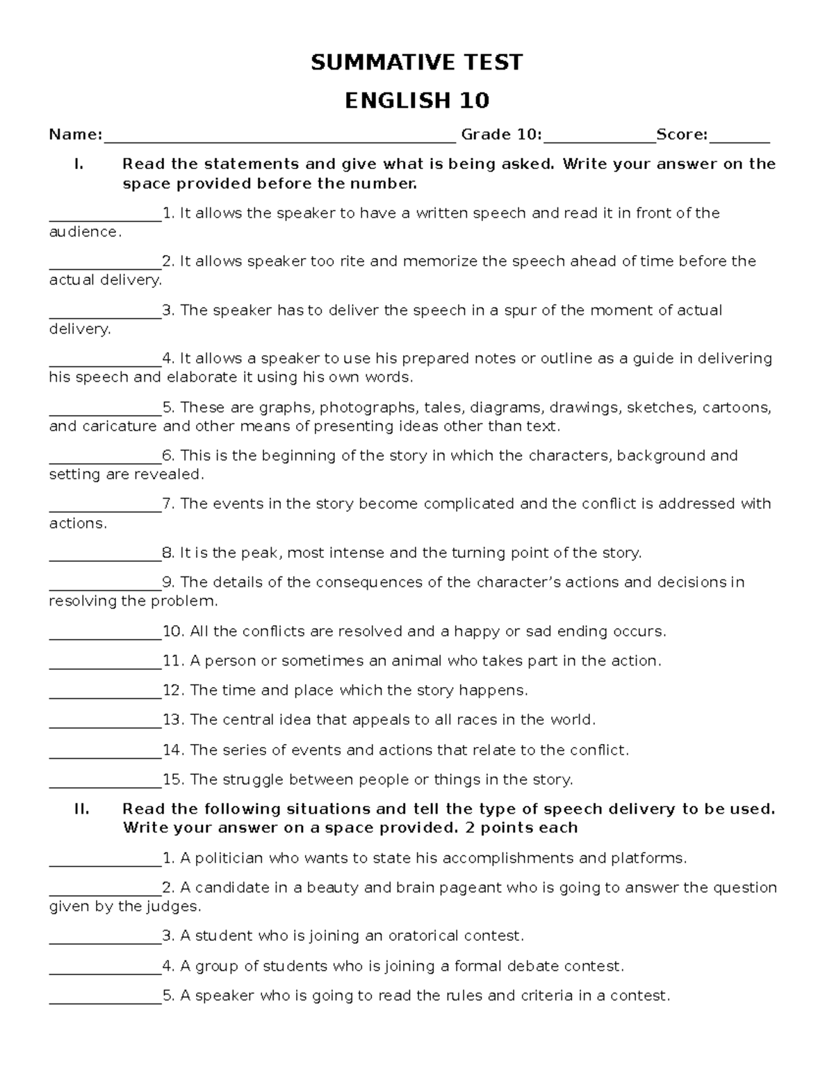 1st quarter Summative Test - SUMMATIVE TEST ENGLISH 10 - Studocu