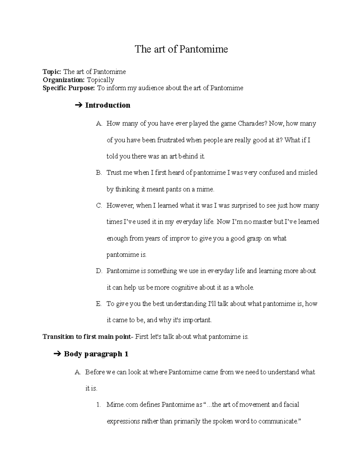Informative outline - prep for project - The art of Pantomime Topic ...