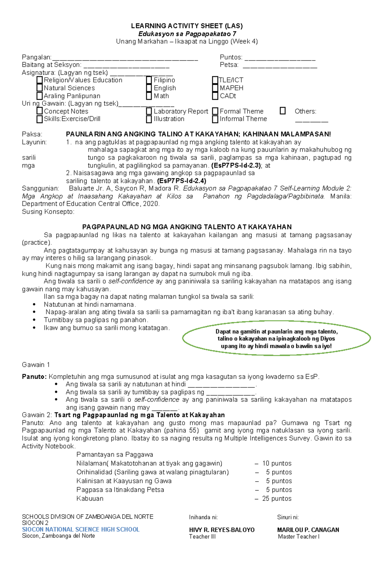 LAS 4 Talento Paunlarin - LEARNING ACTIVITY SHEET (LAS) Edukasyon sa ...