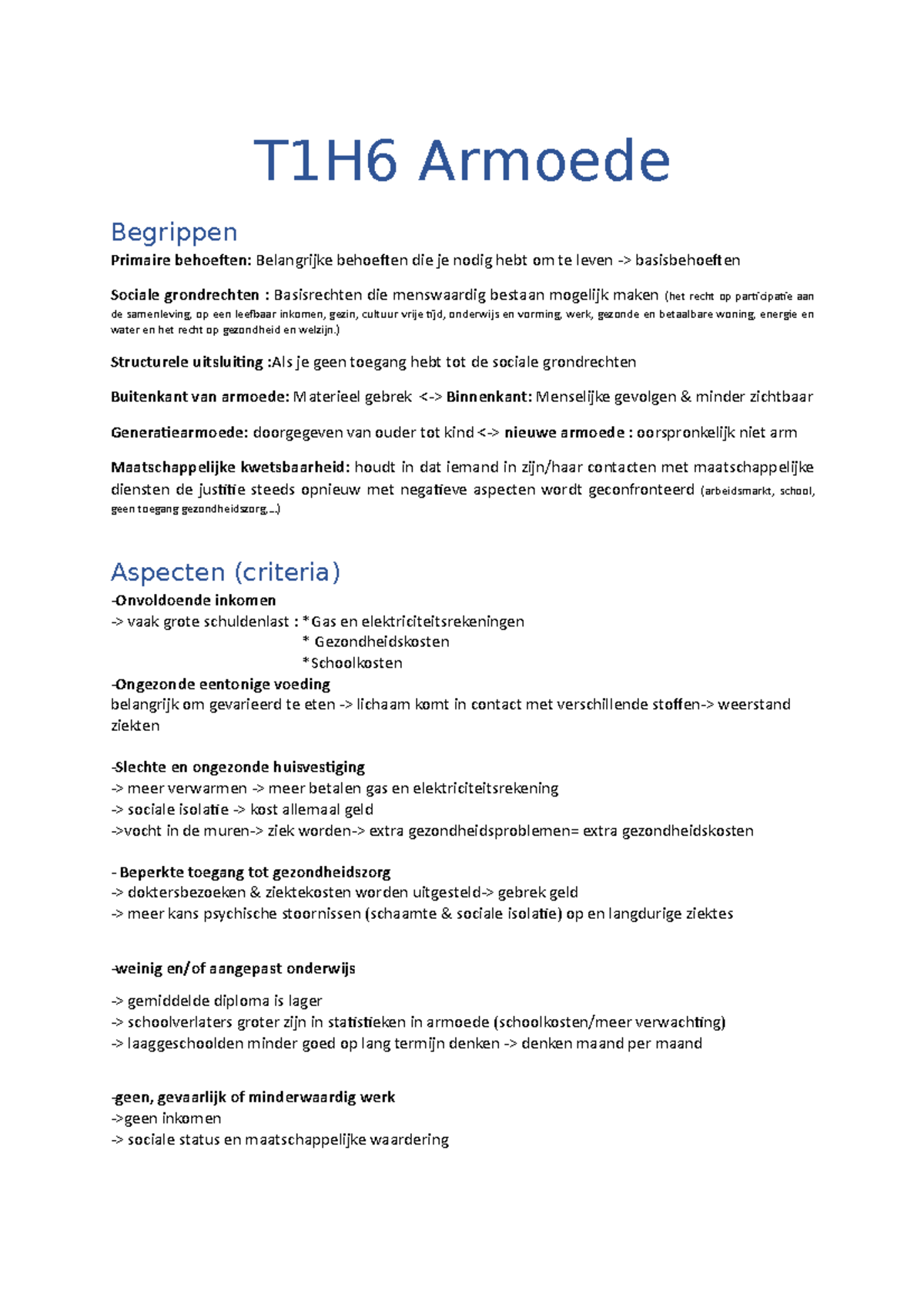 Armoede 2 - T1H6 Armoede Begrippen Primaire behoeften: Belangrijke ...