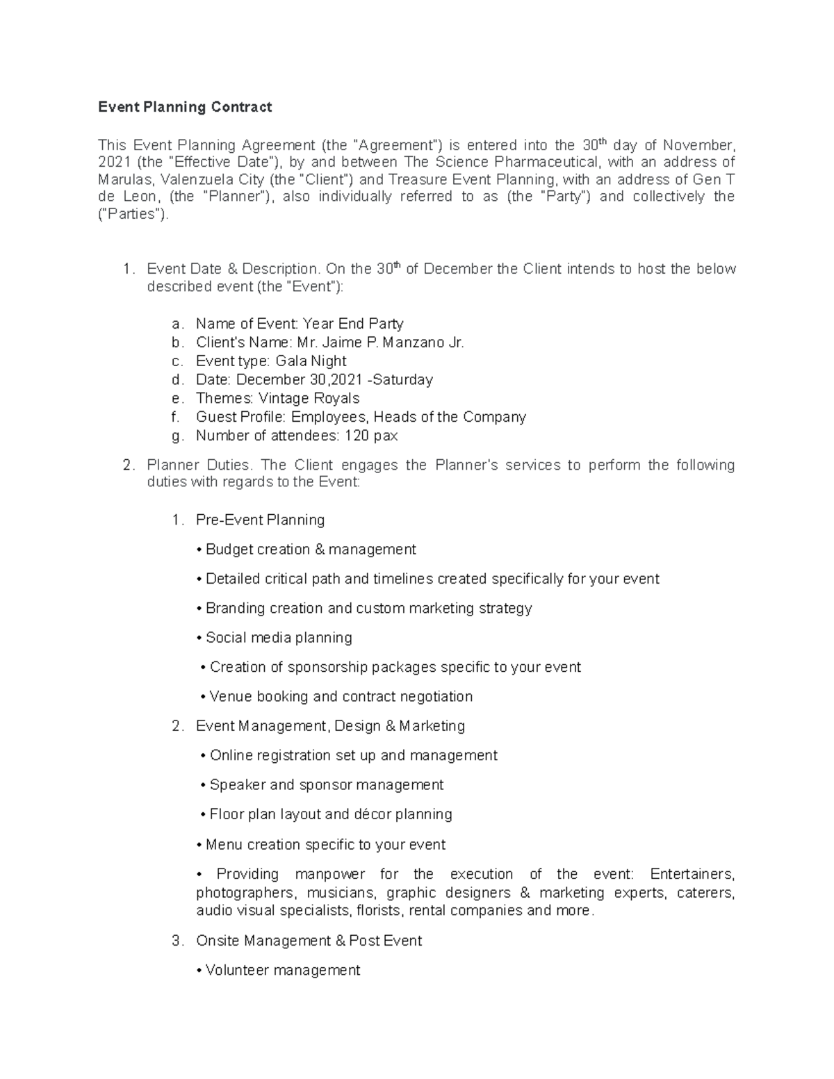 Event Planning Contract 1 Event Date And Description On The 30th Of