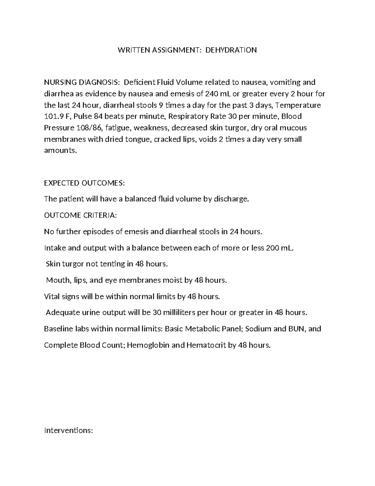 Dehydration - study and grasp - WRITTEN ASSIGNMENT: DEHYDRATION NURSING DIAGNOSIS: Deficient ...