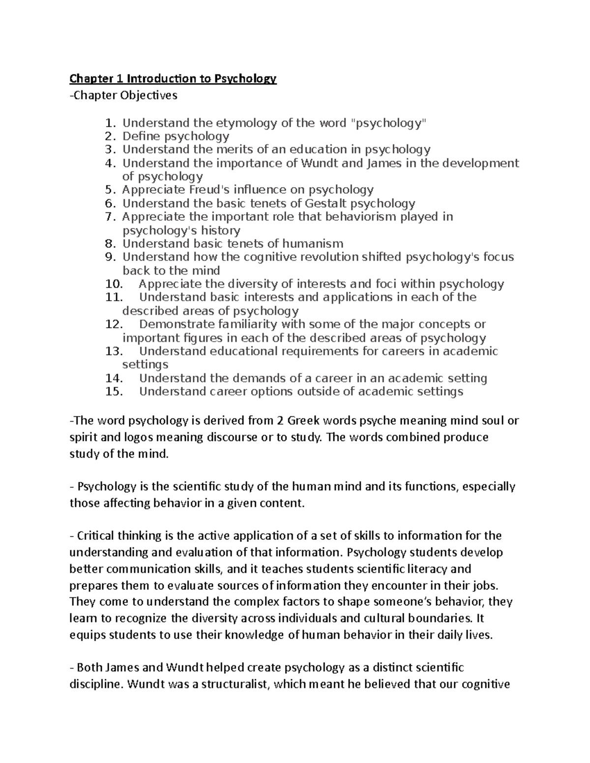 Psyc Notes Chapters 1 to 4 - Chapter 1 Introduction to Psychology ...