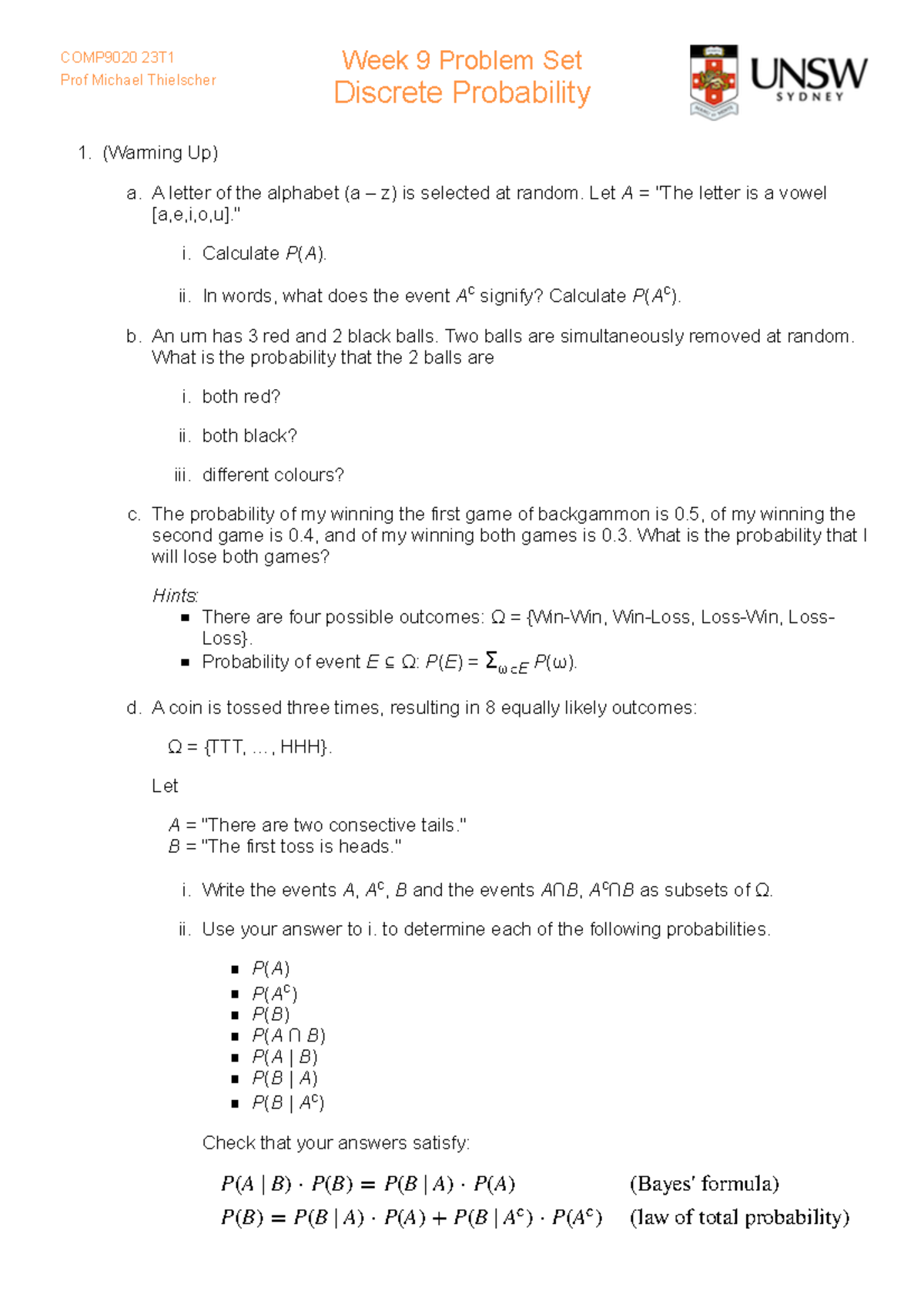 COMP9020 23T1 - Week 9 Problem Set - COMP9020 23T Prof Michael Thielscher Discrete Probability ...