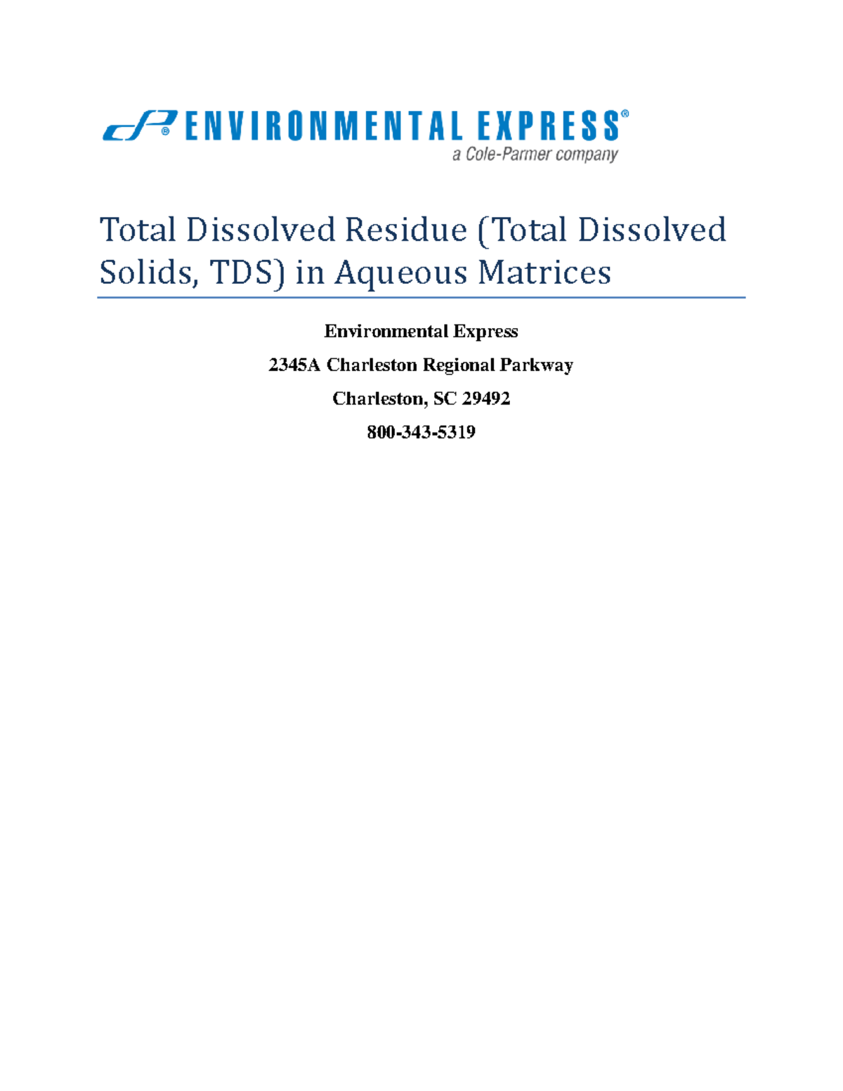 Stable Weigh TDS Method - To t a l Dissolved Residue (Total Dissolved ...