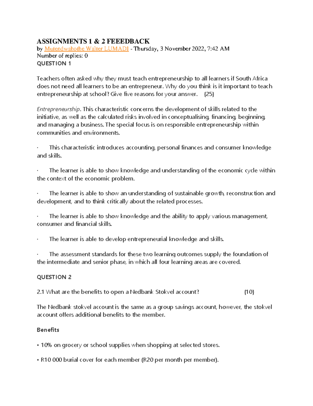 Assignments 1 AND 2 Answers OTE2601 - ASSIGNMENTS 1 & 2 FEEEDBACK by ...