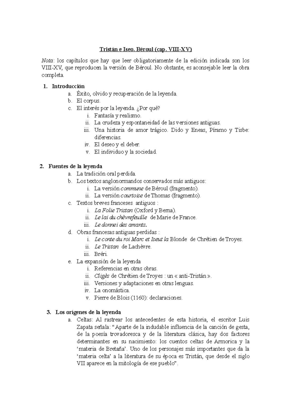 Tristán e Iseo esquema y apuntes - Tristán e Iseo. Béroul (cap. VIII-XV ...