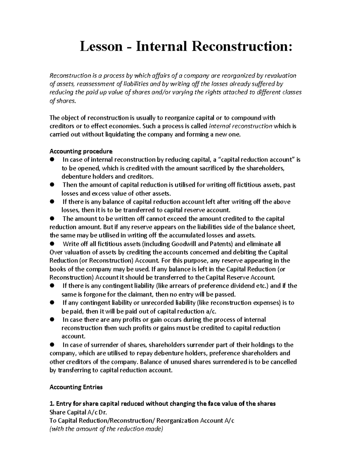 Internal reconstruction - Summary - Lesson - Internal Reconstruction ...
