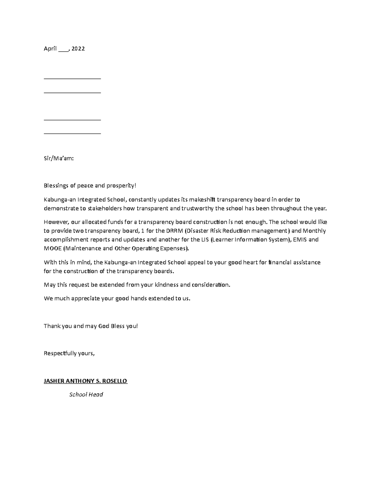 Solicitation letter - April ___, 2022 Sir/Ma’am: Blessings of peace and ...