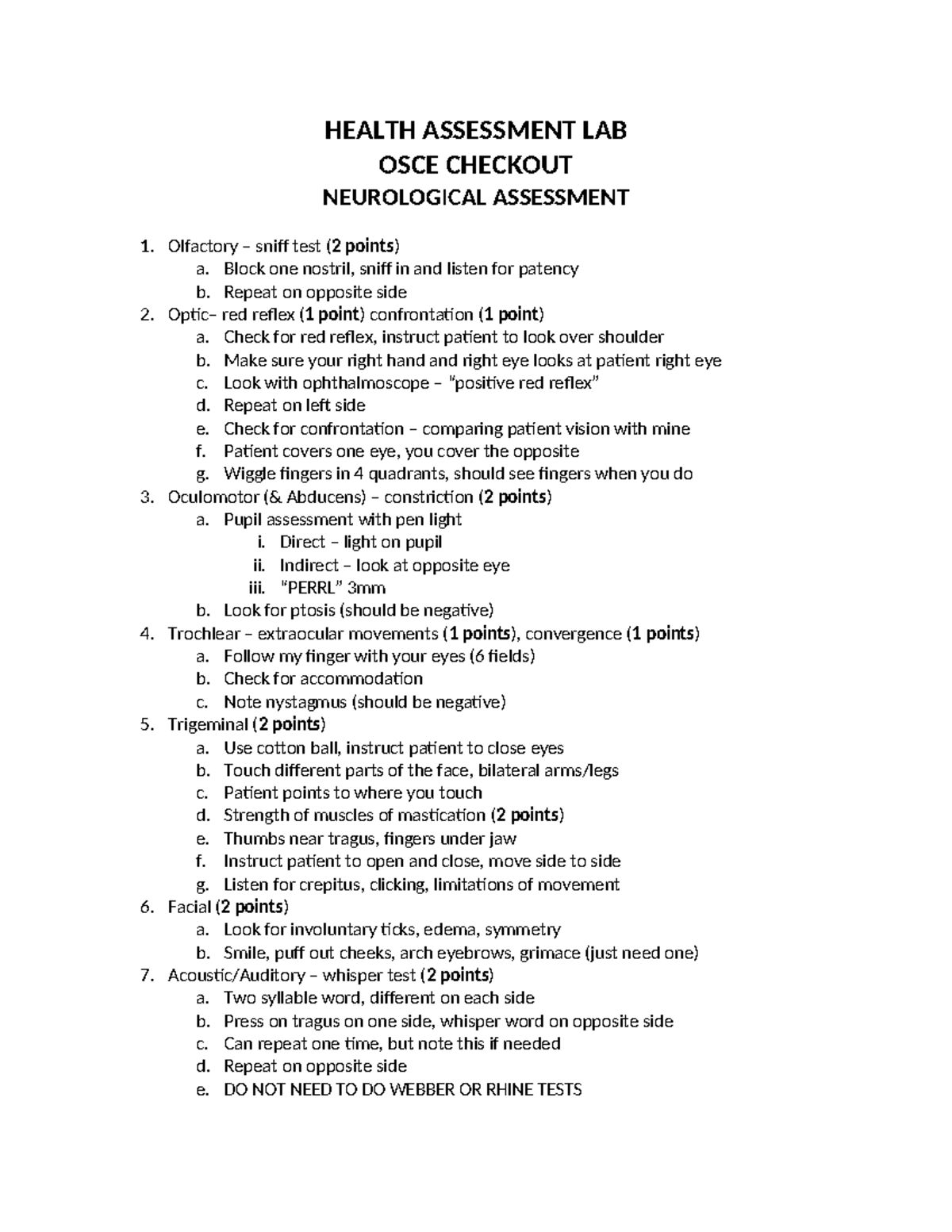 OSCE - Neuro - N/A - HEALTH ASSESSMENT LAB OSCE CHECKOUT NEUROLOGICAL ...