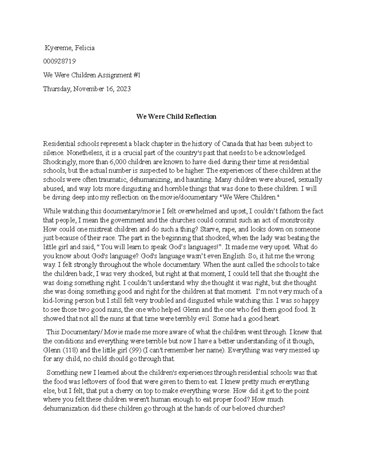 We are Children Reflection - Kyereme, Felicia 000928719 We Were ...